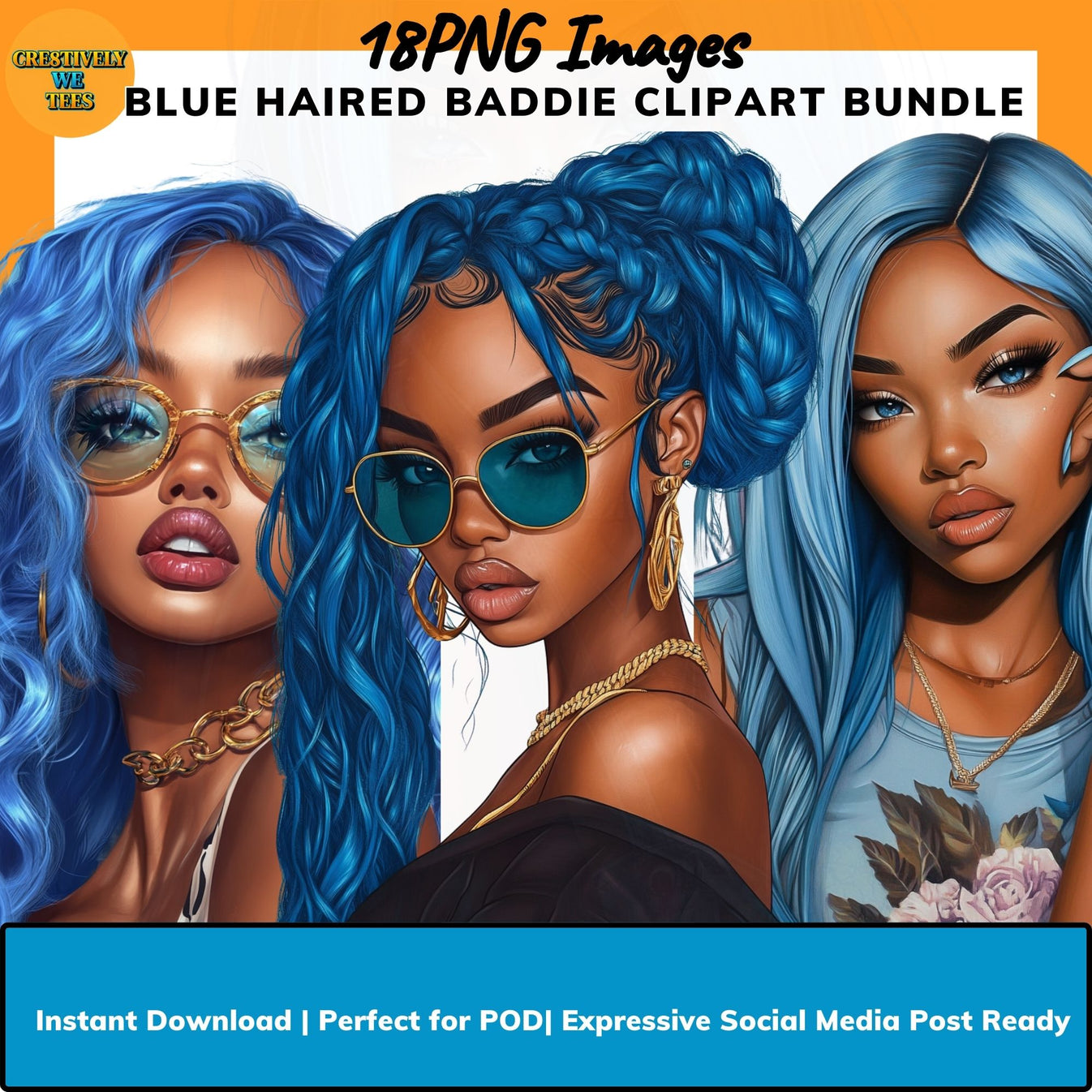 Blue Haired Baddie Clipart Bundle – 18 PNGs with Transparent Background ...