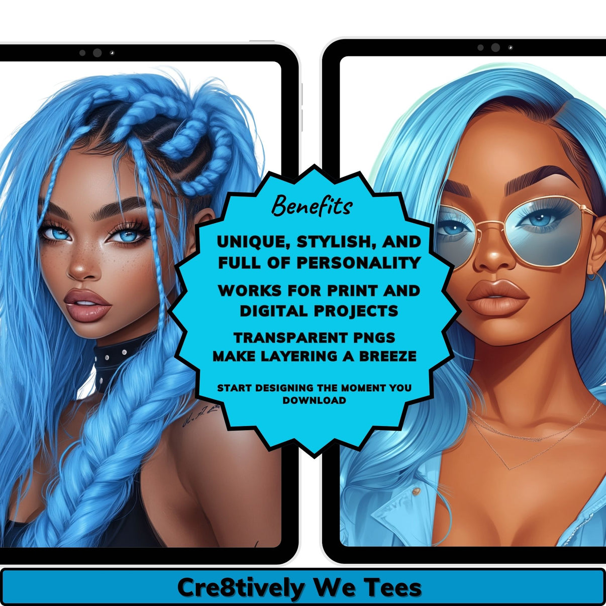 Blue Haired Baddie Clipart Bundle – 18 PNGs with Transparent Background ...